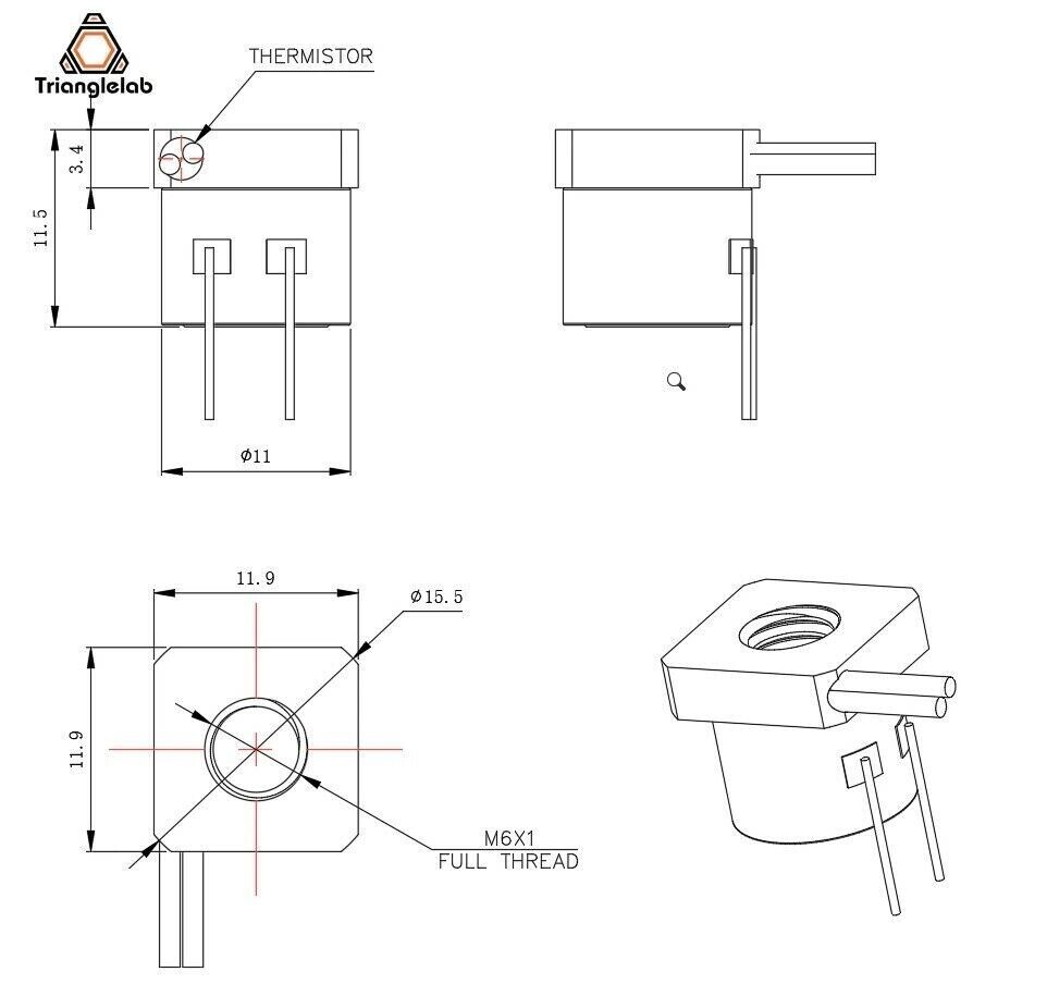 Heater Core MK8 V6 3D Printer Triangle Labs CHC Ceramic with Thermisto ...